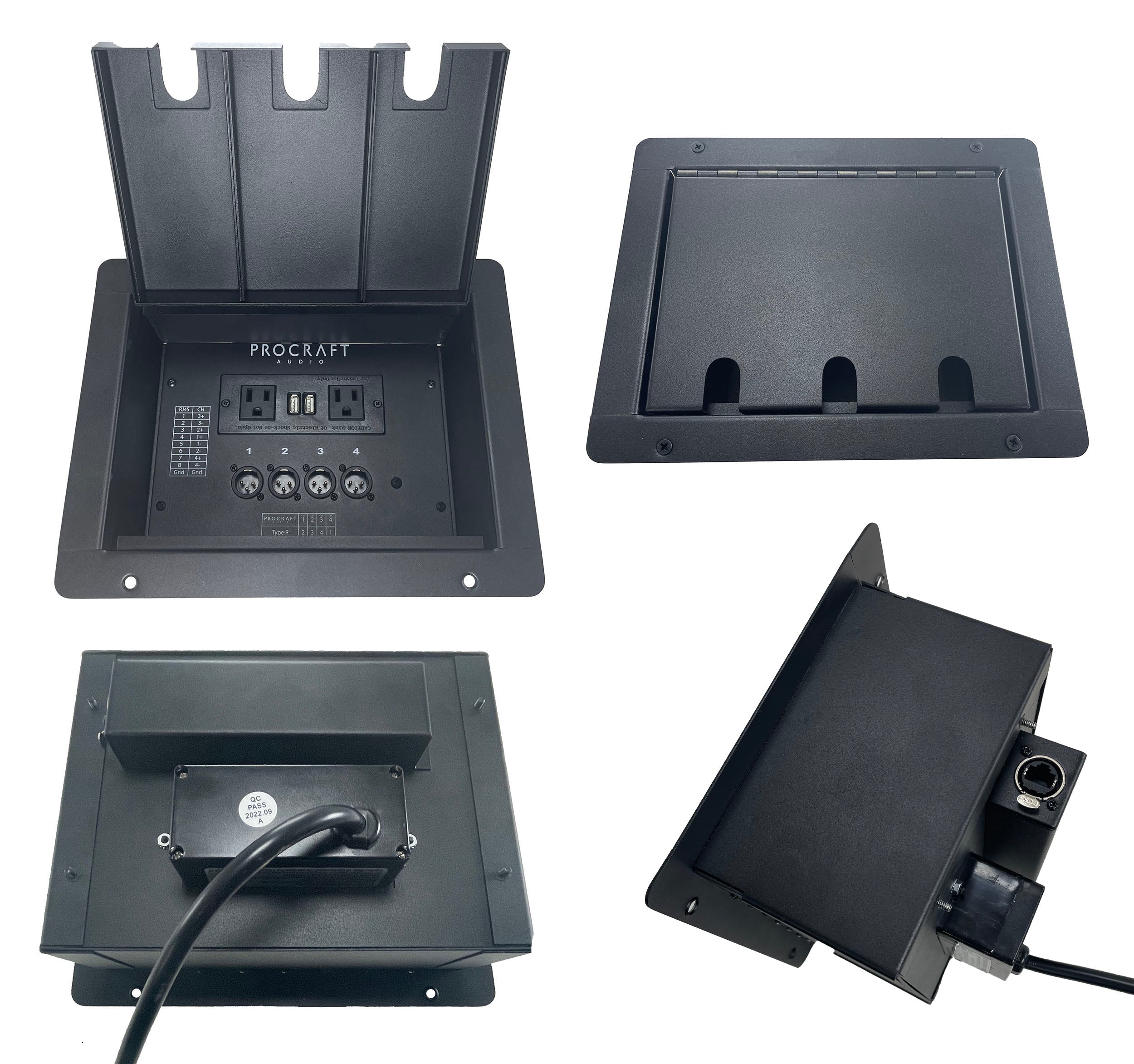 PROCRAFT 3 HOLE LID FLOOR POCKET W/ 1) WIRED AC 1) 4 CHANNEL XLR MALE